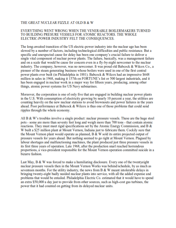 Solved THE GREAT NUCLEAR FIZZLE AT OLD B \& W EVERYTHING | Chegg.com