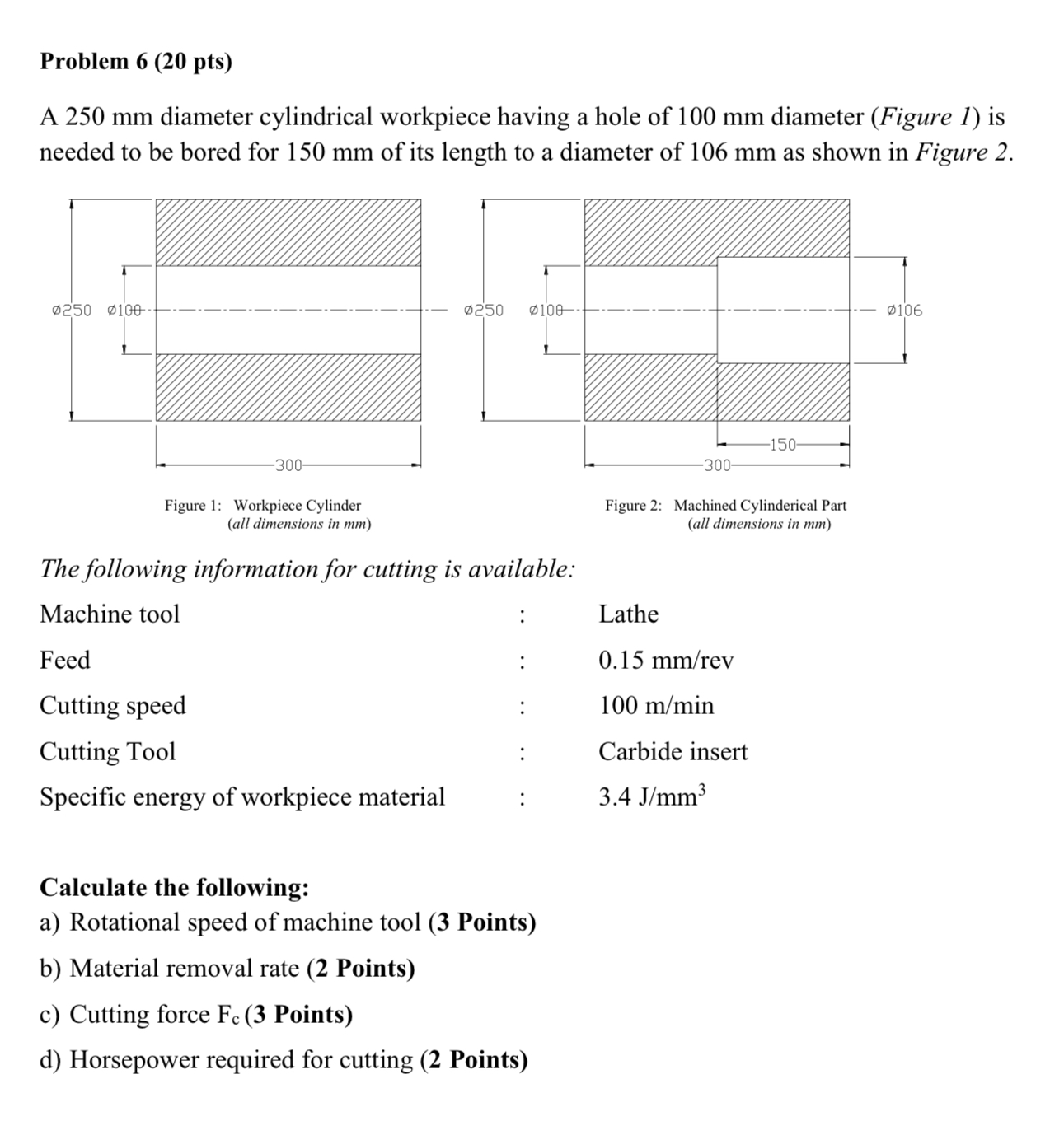 Solved A 250 mm diameter cylindrical workpiece having a hole | Chegg.com