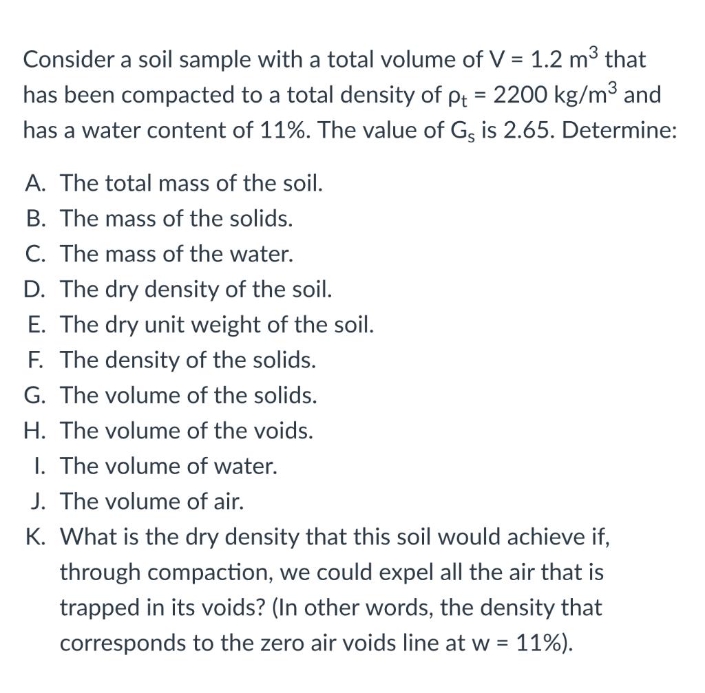 Solved Consider a soil sample with a total volume of V = 1.2 | Chegg.com