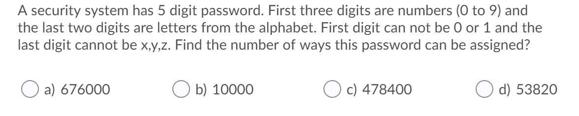 Solved A security system has 5 digit password. First three | Chegg.com