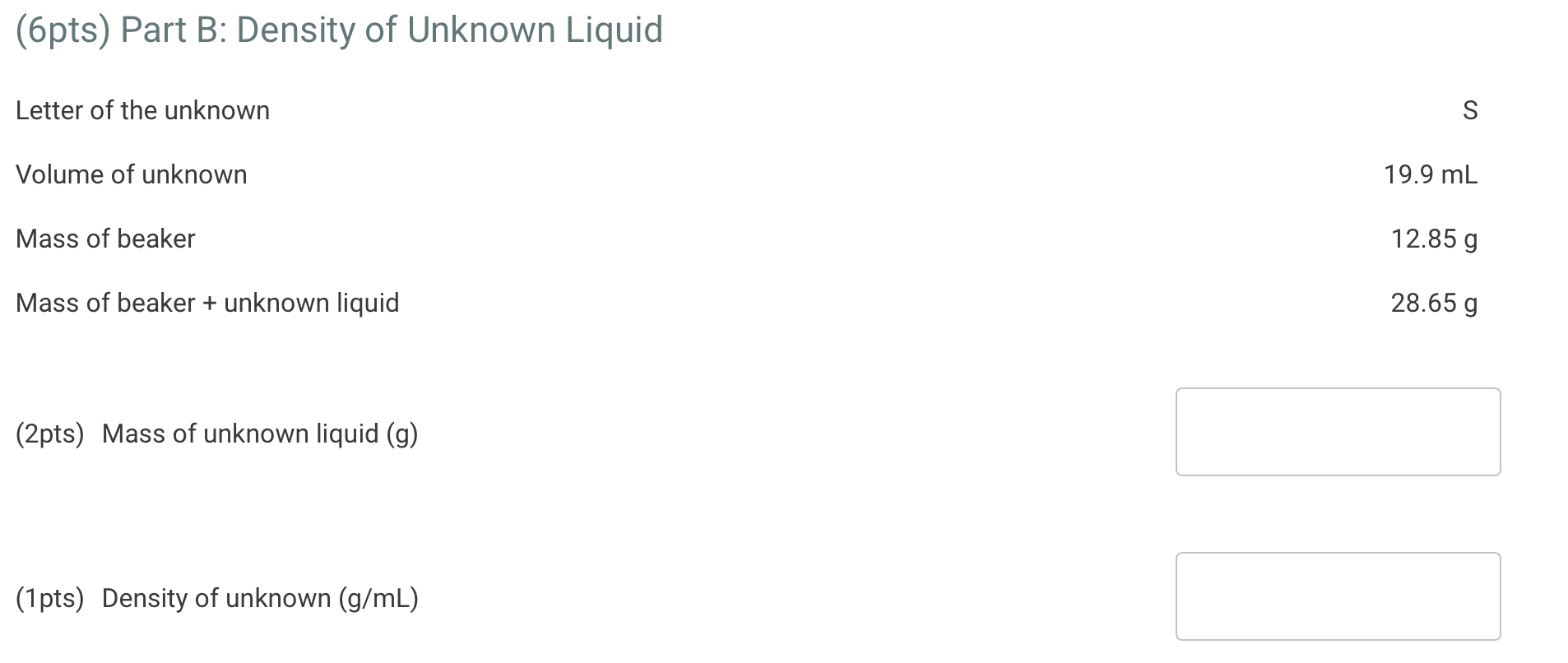Solved (6pts) Part B: Density of Unknown Liquid Letter of | Chegg.com