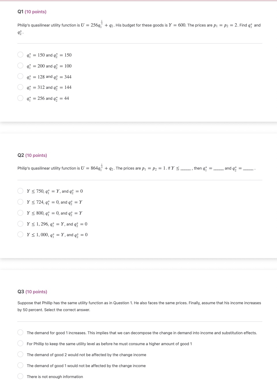 Solved Philip's quasilinear utility function is | Chegg.com