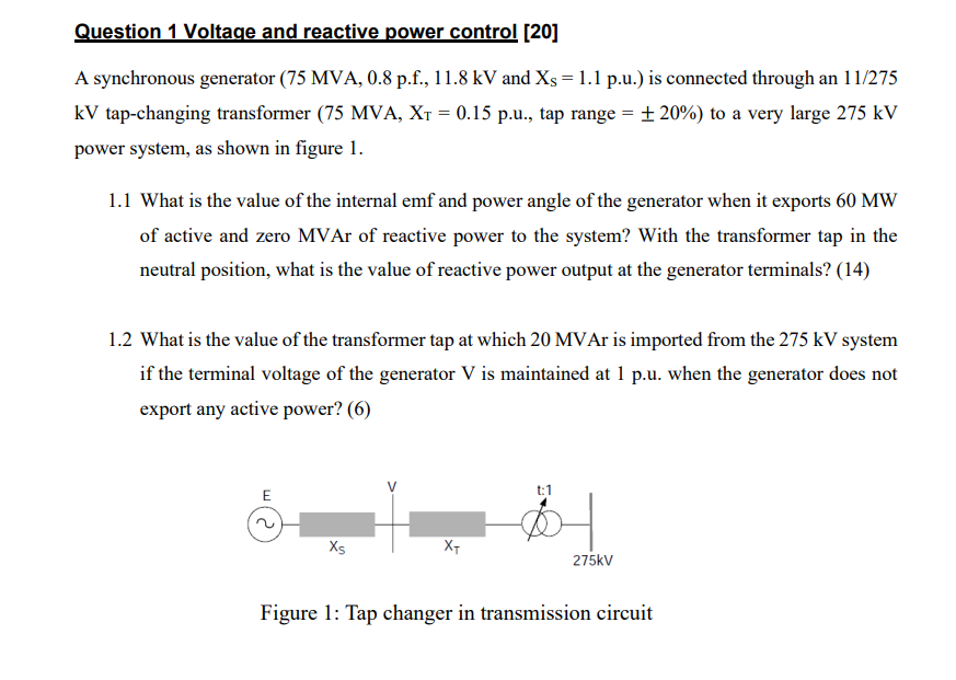 Solved Question 1 ﻿Voltage and reactive power control [20]A | Chegg.com