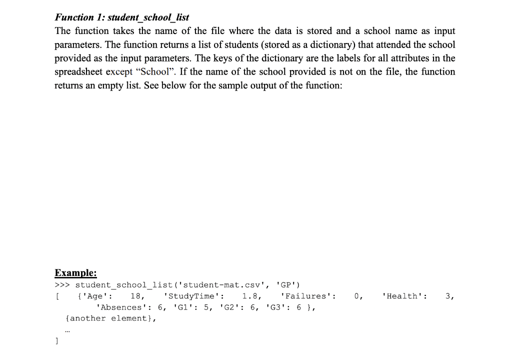 Solved Function 1: student_school_list The function takes | Chegg.com