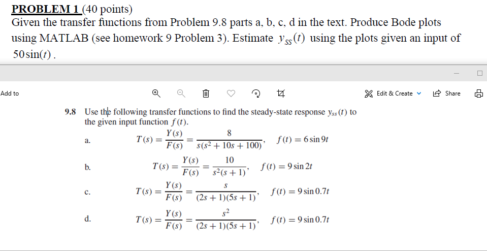 Solved PROBLEM 1 (40 points) Given the transfer functions | Chegg.com