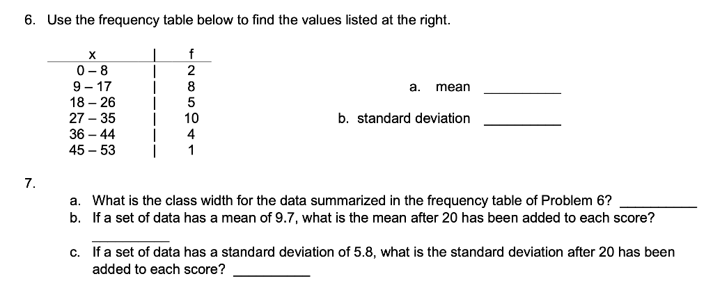 Solved 6. Use the frequency table below to find the values | Chegg.com