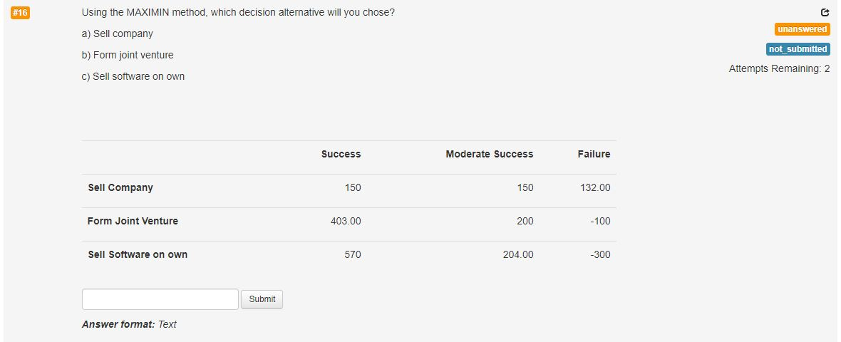 Solved #16 Using the MAXIMIN method, which decision | Chegg.com