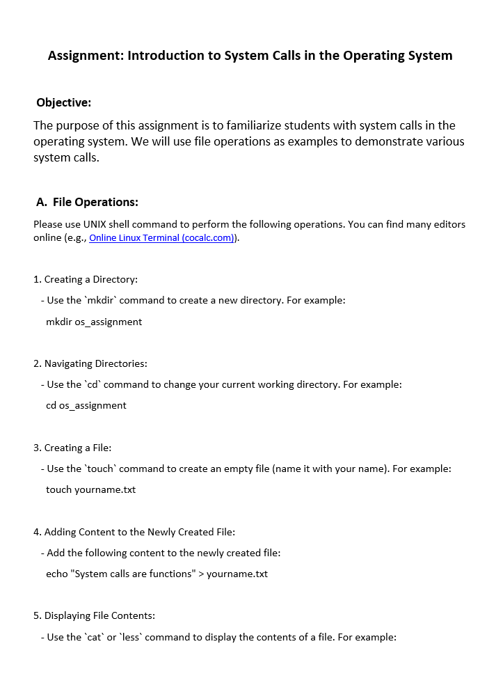 Solved Assignment: Introduction to System Calls in the | Chegg.com