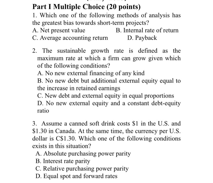 Solved Part I Multiple Choice (20 points) 1. Which one of | Chegg.com