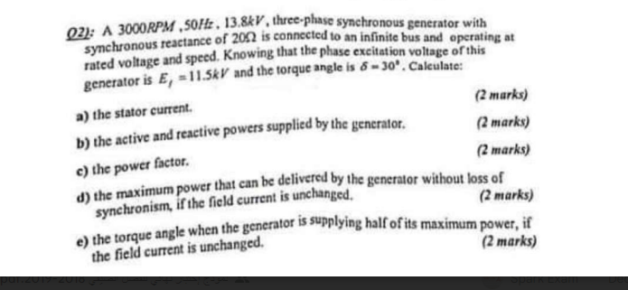 Solved Q22: A 3000RPM,50 Hz,13.8kV, three-phase synehronous | Chegg.com