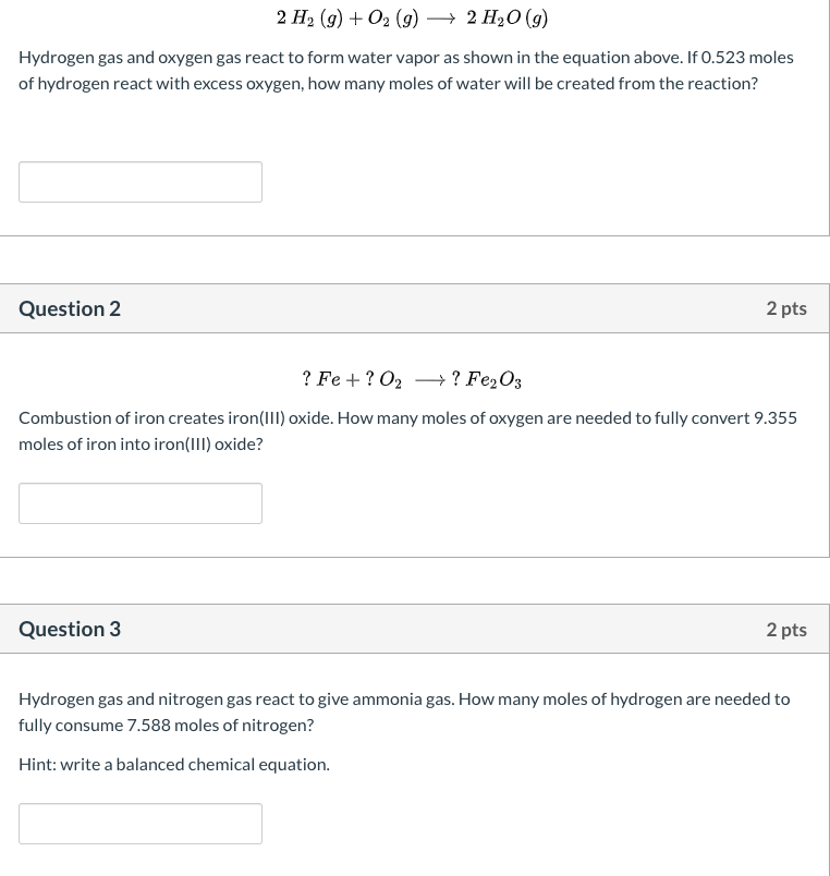 Solved 2 H2 (9) + O2(g) → 2 H2O (9) Hydrogen gas and oxygen | Chegg.com
