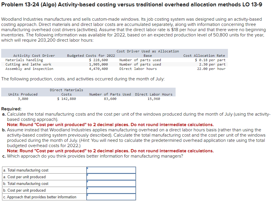 Solved Problem 13-24 (Algo) Activity-based costing versus | Chegg.com