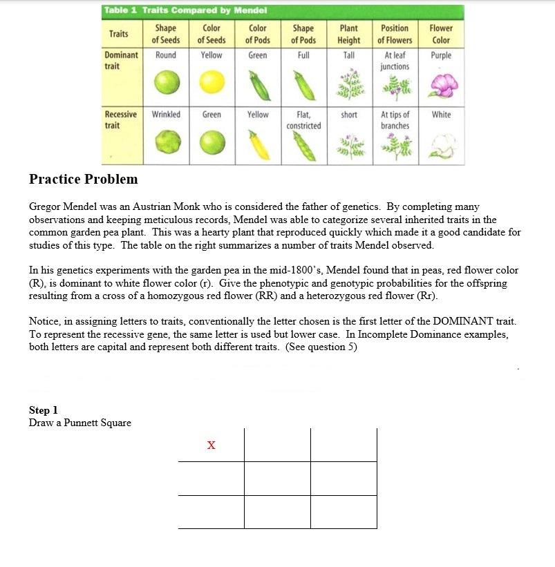 Table 1 Traits Compared by Mendel Color Color Traits | Chegg.com