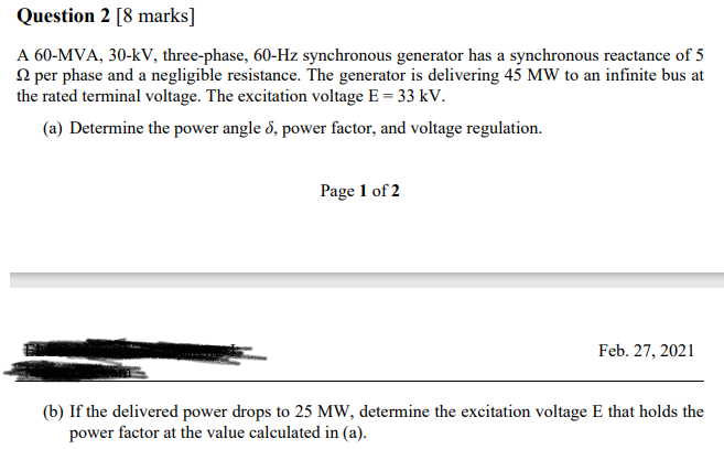 Solved Question 2 [8 marks] A 60-MVA, 30-kV, three-phase, | Chegg.com