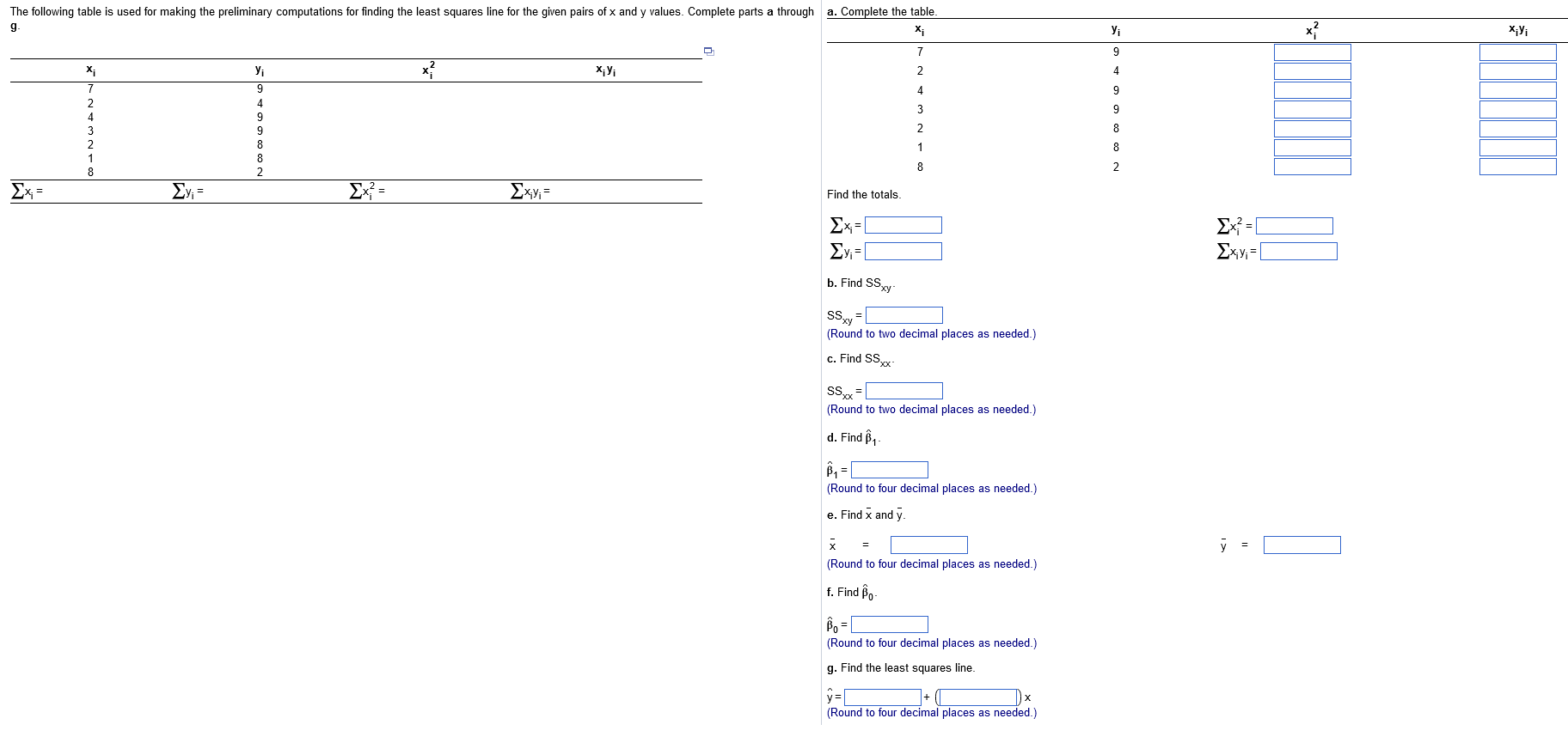 Solved Find the totals. ∑xi= ∑yi= ∑xxi= ∑xiyi= b. Find Sxy | Chegg.com