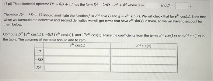 Solved (1 pt) The differential operator D,-8D + 17 has the | Chegg.com