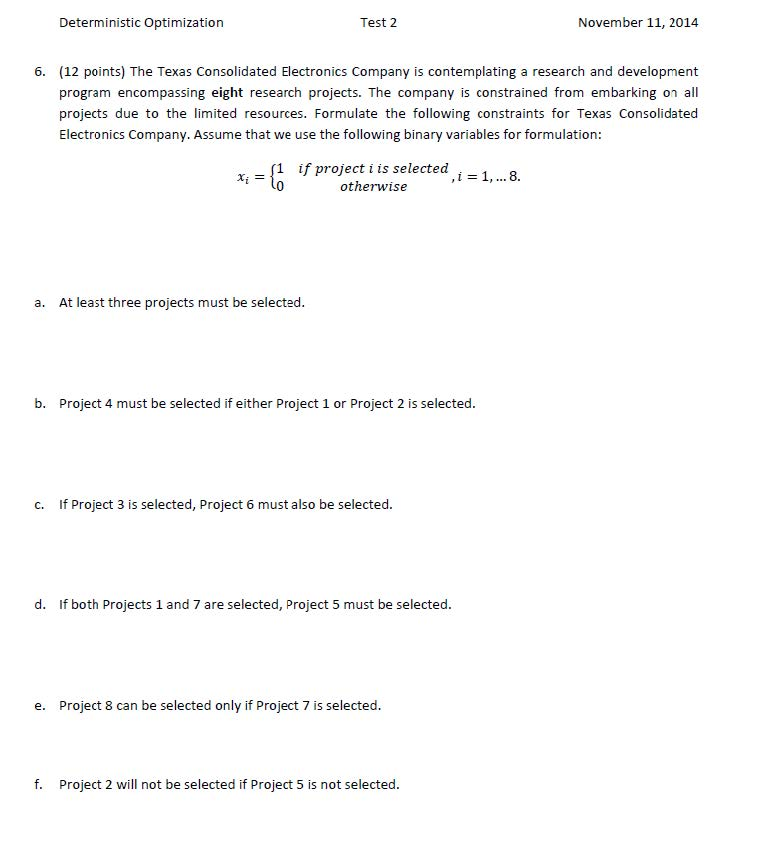 Deterministic Optimization Test 2 November 11, 2014 | Chegg.com