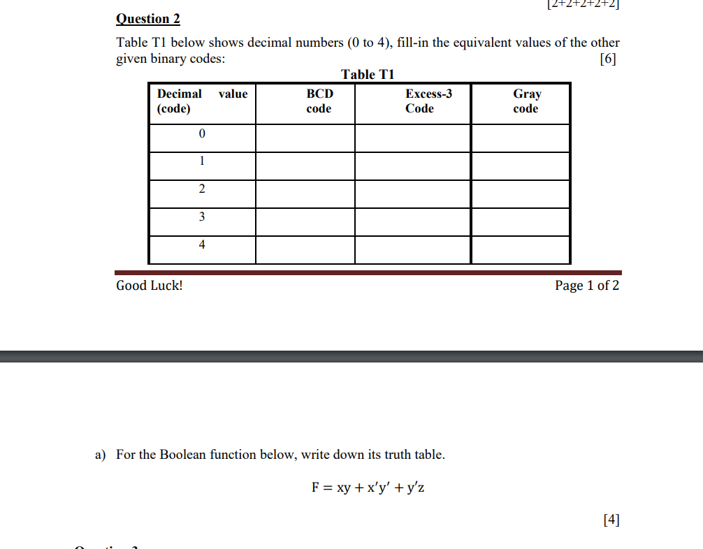 Solved Table T1 below shows decimal numbers ( 0 to 4), | Chegg.com