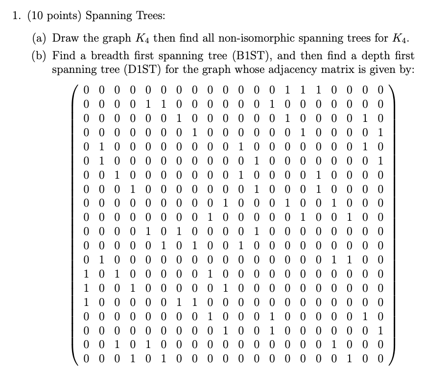 Solved (10 ﻿points) ﻿Spanning Trees:(a) ﻿Draw the graph K4 | Chegg.com