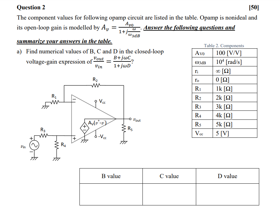 Solved Question 2 [50] The component values for following | Chegg.com