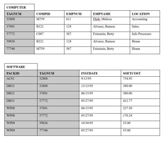 Solved SOFTWARE PACKID TAGNUM COMPID INSTDATE SOFTCOST AC01 | Chegg.com