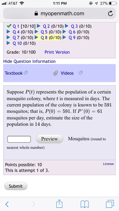 Solved 1:10 PM 7 27% lAT&T myopenmath.com Q 10 (0/10) Print | Chegg.com