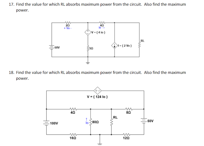Solved 17. Find the value for which RL absorbs maximum power | Chegg.com