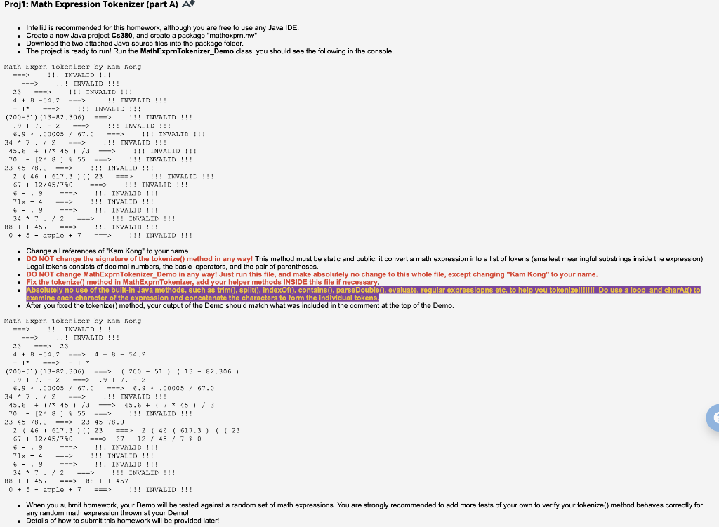 Projt: Math Expression Tokenizer (part A) A • | Chegg.com