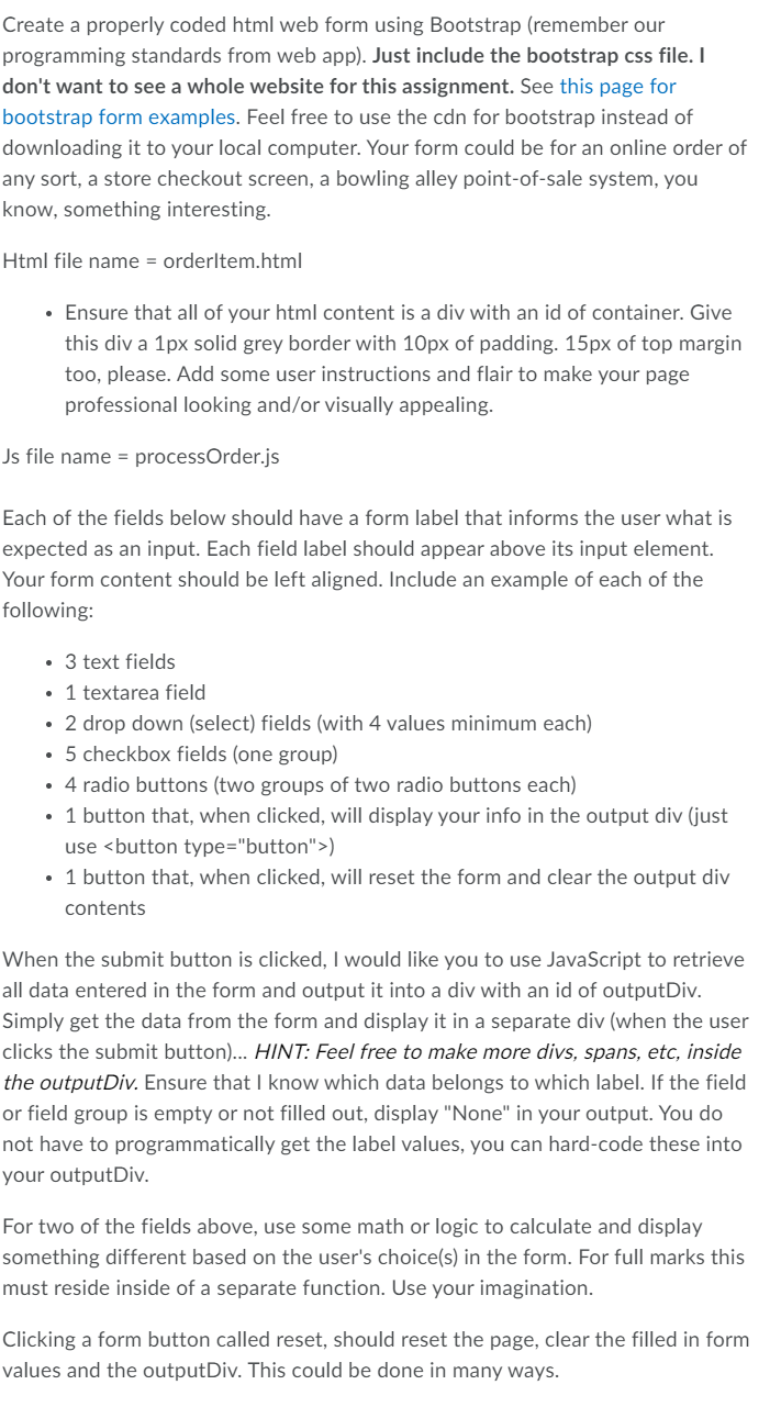 Create a properly coded html web form using Bootstrap | Chegg.com