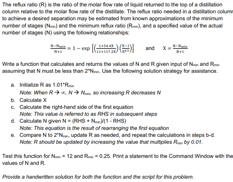 Solved The reflux ratio (R) is the ratio of the molar flow | Chegg.com