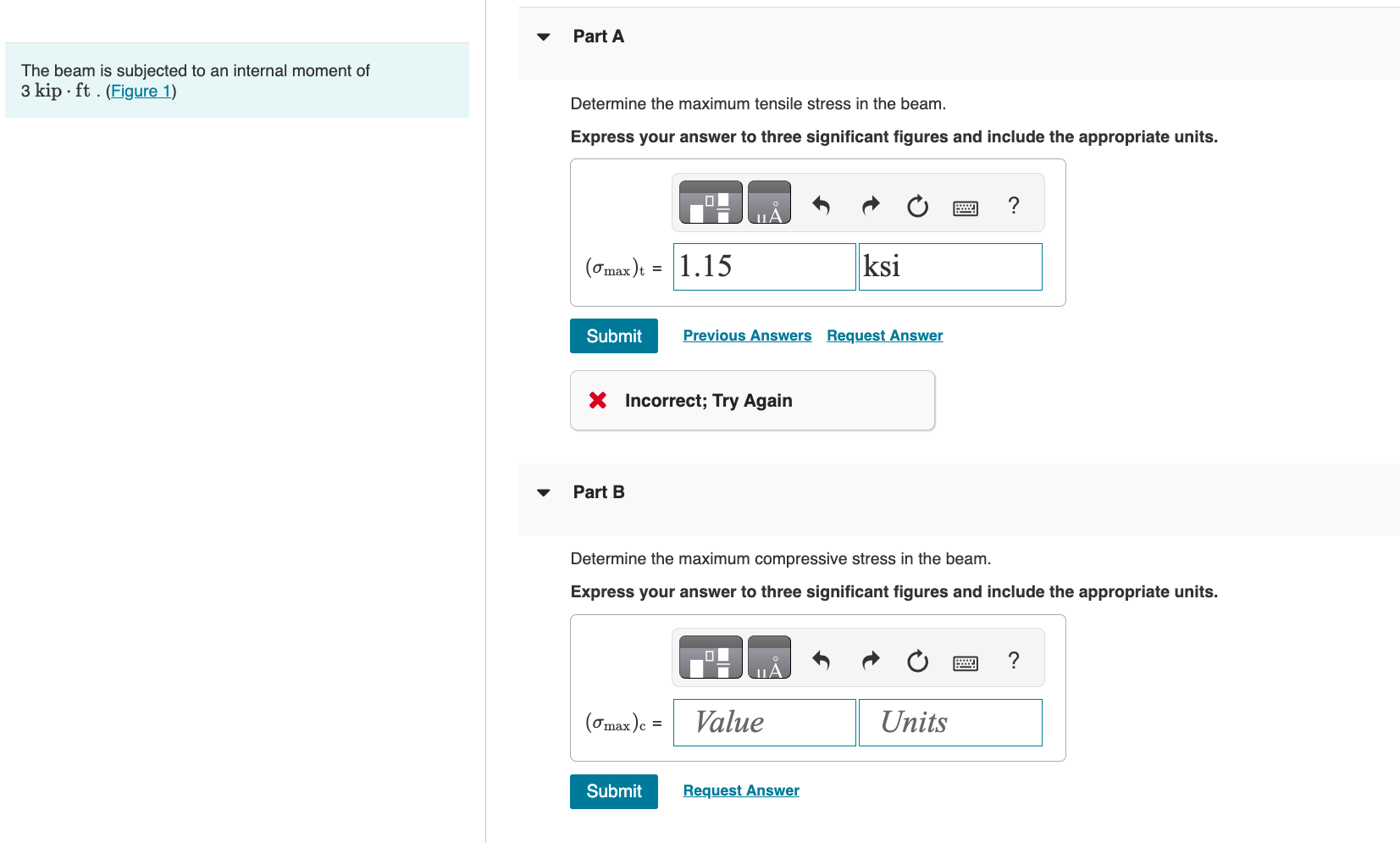 Solved Part A FigureThe beam is subjected to an internal | Chegg.com
