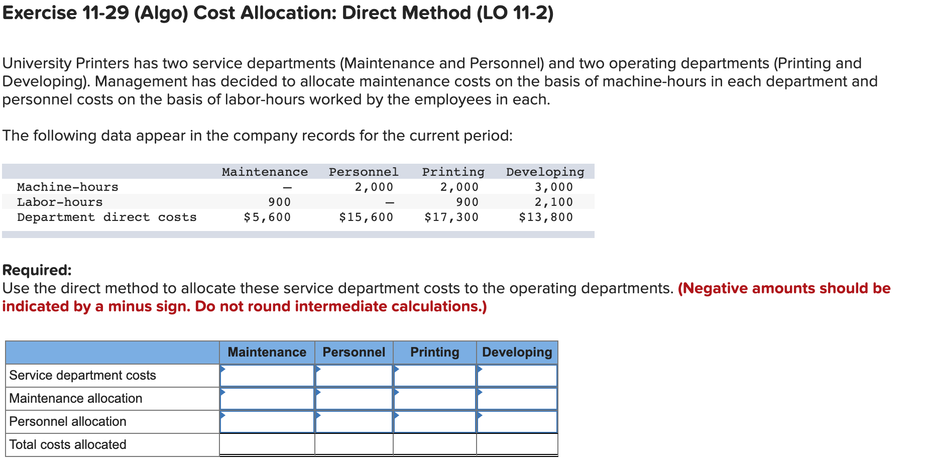 Solved Exercise 11-29 (Algo) Cost Allocation: Direct Method | Chegg.com