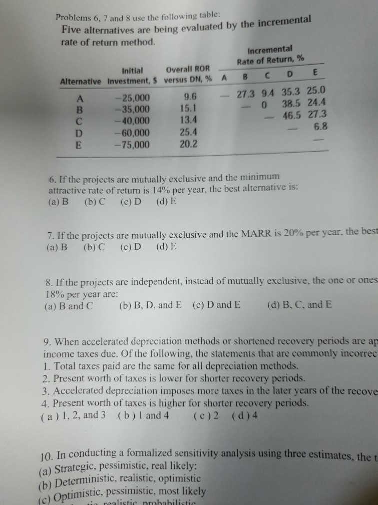 Solved Problems 6, 7 and 8 use the following table: five | Chegg.com