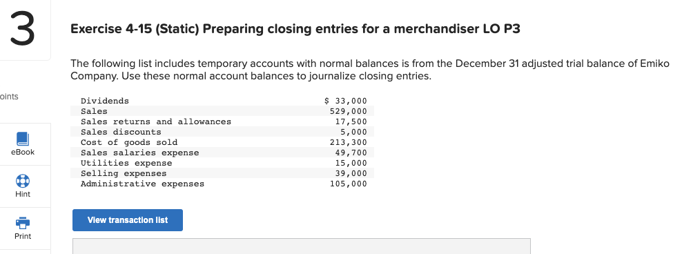 Solved Exercise 4-15 (Static) Preparing closing entries for | Chegg.com