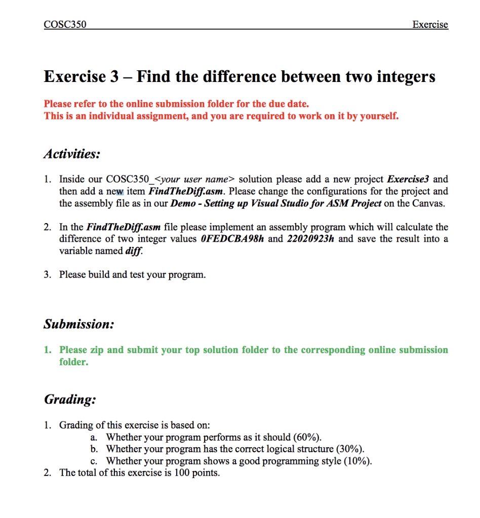 Solved Exercise 3 - Find the difference between two integers | Chegg.com