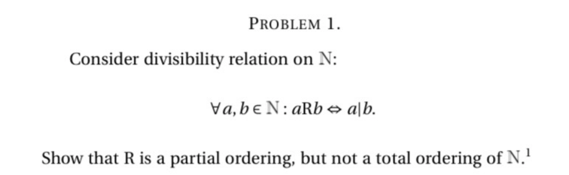 Solved PROBLEM 1. Consider divisibility relation on N: Va, | Chegg.com