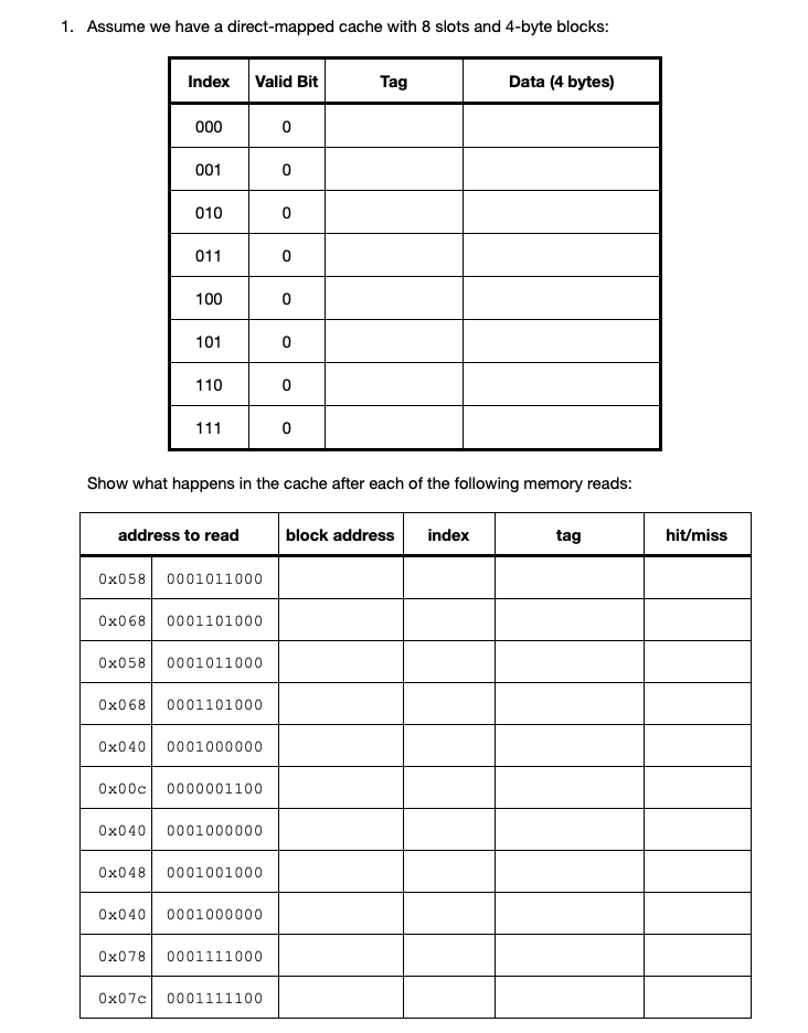 Solved 1. ﻿Assume we have a direct-mapped cache with 8 | Chegg.com
