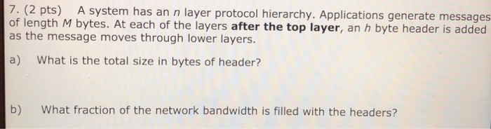 Solved 7. (2 pts) A system has an n layer protocol | Chegg.com
