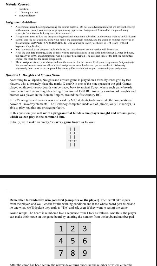 Solved Material Covered: functions 1D numpy arrays • random | Chegg.com