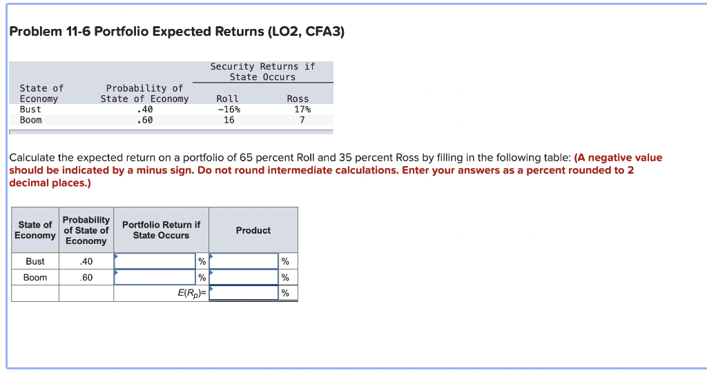 Solved Problem 11-6 Portfolio Expected Returns (LO2, CFA3) | Chegg.com