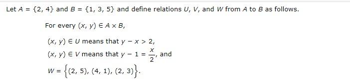 Solved Let A={2,4} and B={1,3,5} and define relations U,V, | Chegg.com