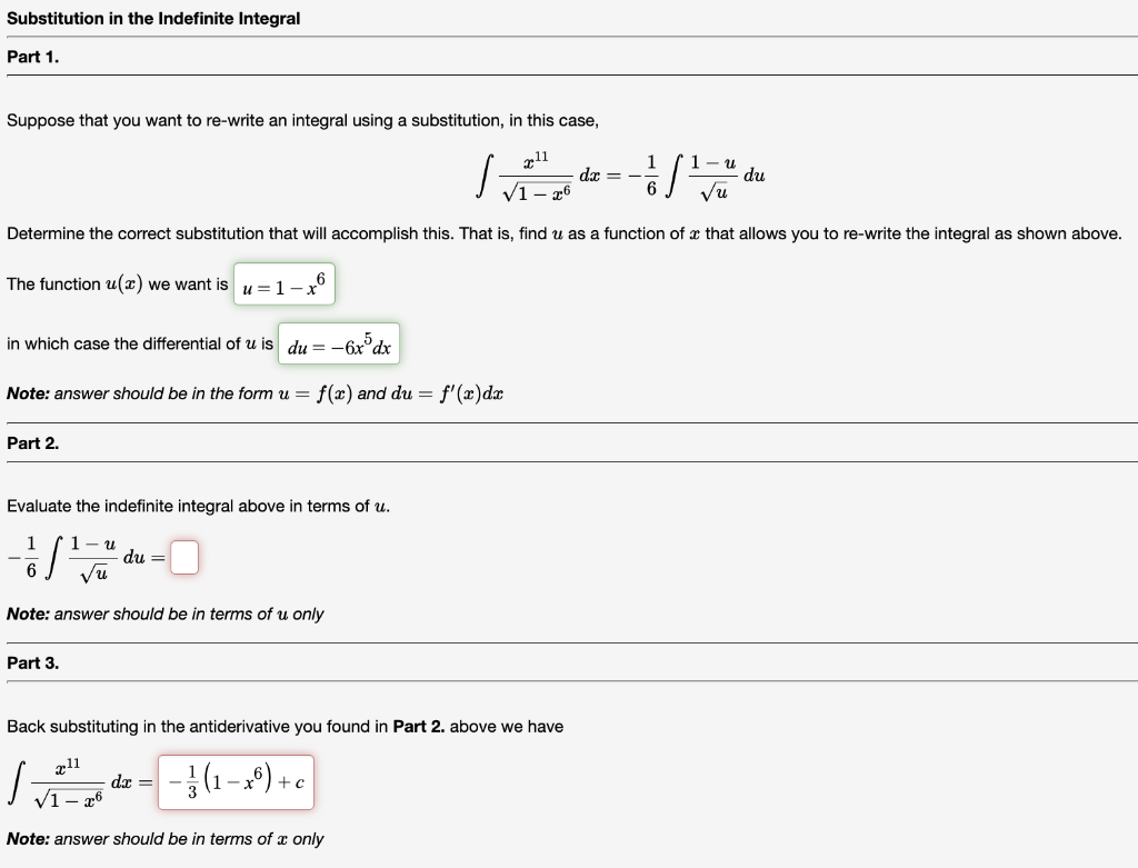 Solved Substitution in the Indefinite Integral Part 1. | Chegg.com