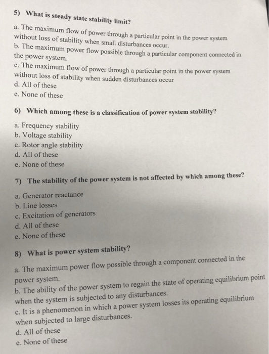 Solved 5) What is steady state stability limit? a. The | Chegg.com