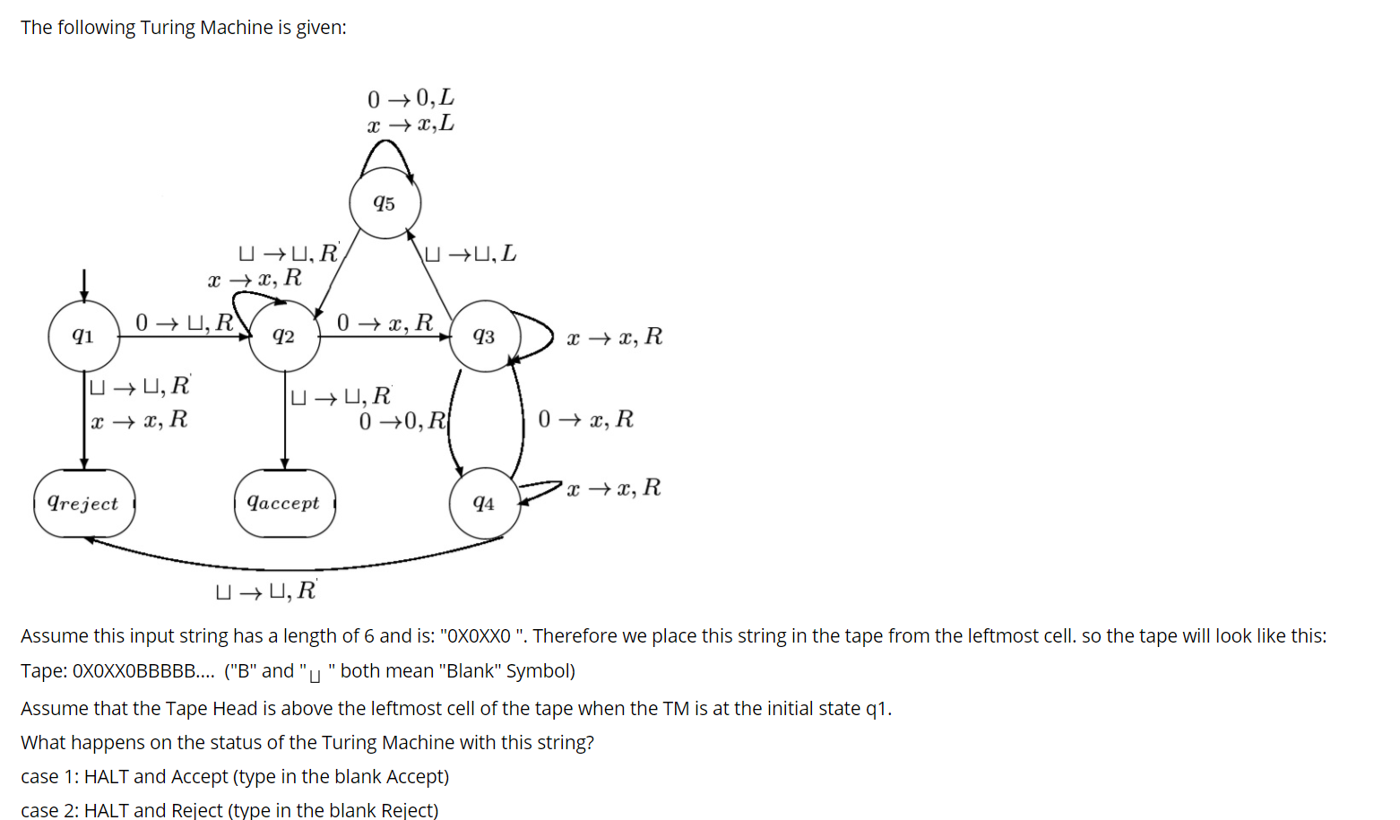 Solved The following Turing Machine is given: 0 +0,L x + x,L | Chegg.com