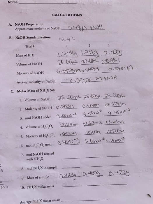Solved Name: . CALCULATIONS A. NaOH Preparation: Approximate | Chegg.com