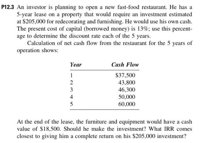 Solved P12.3 An investor is planning to open a new fast-food | Chegg.com
