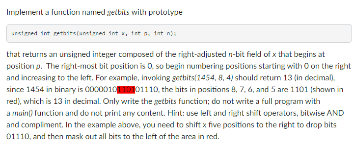 Solved Implement a function named getbits with prototype | Chegg.com