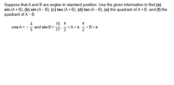Solved Suppose that A and B are angles in standard position. | Chegg.com