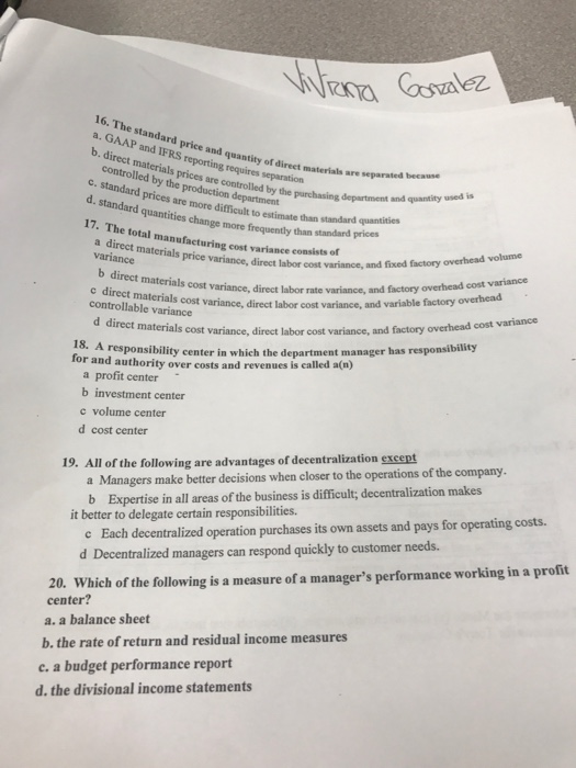 Solved The standard price and quantity of direct materials | Chegg.com