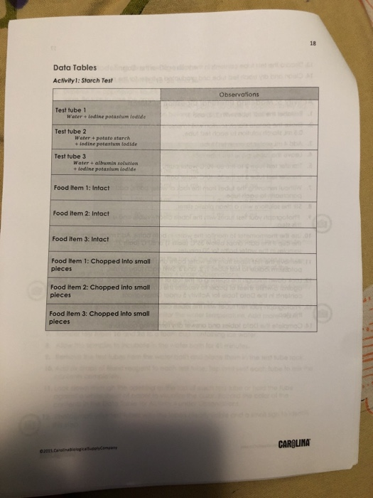 18 Data Tables Activity 1: Starch Test Observations | Chegg.com